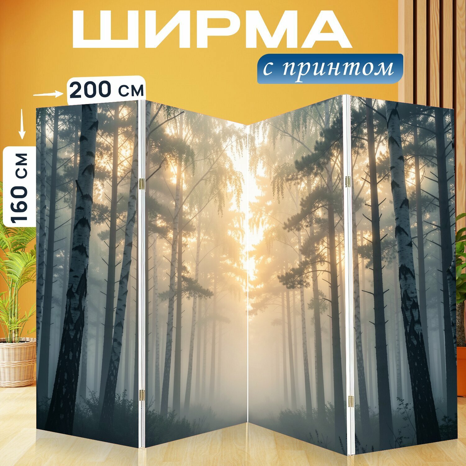 Ширма "Туманный лес с солнечными лучами. Загадочный сосново-березовый бор в густом утреннем тумане, мягкий." перегородка для зонирования комнаты с принтом 200x160 см. на холсте
