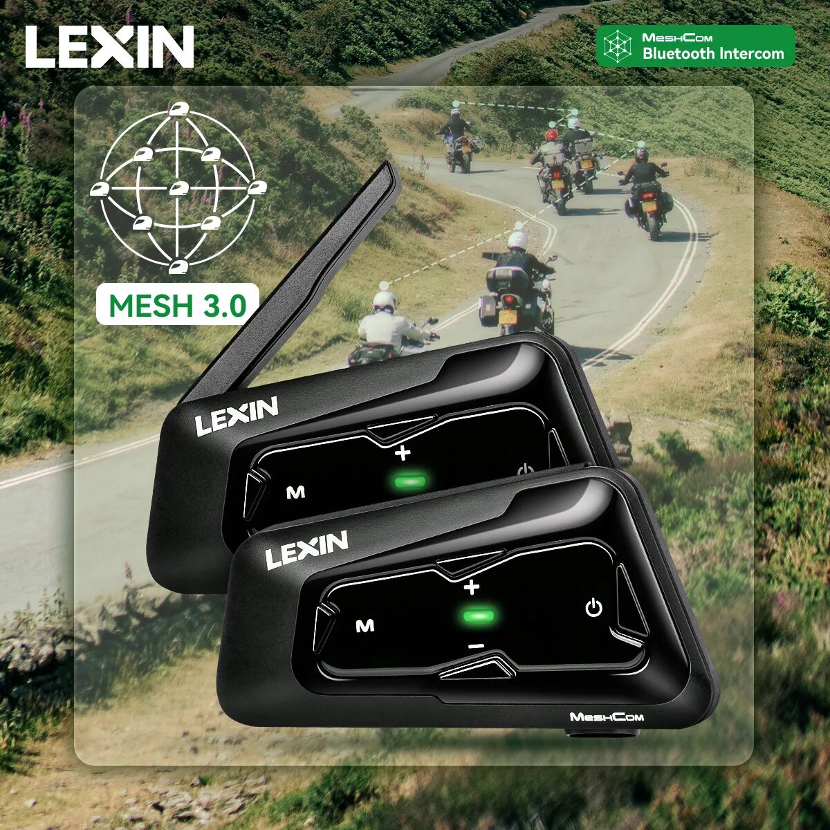Мотогарнитура Lexin MeshCom MESH & Bluetooth Intercom для шлема, Mesh-интерком для связи до 24 человек на расстоянии до 2 км — фото 1