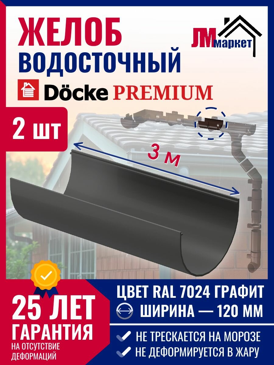 Водосточный желоб Docke, 3 м х 2 шт, серия PREMIUM цвет графит, сток воды с крыши, элемент водосточной системы деке Премиум, серый