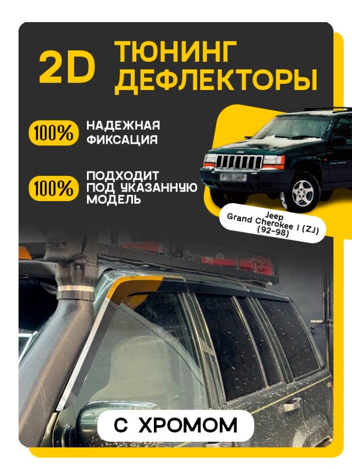 Плоские тюнинг дефлекторы с хромом для Jeep Grand Cherokee ZJ (1992-1998) Ветровики на Джип Гранд Чероки. Комплект 6 шт