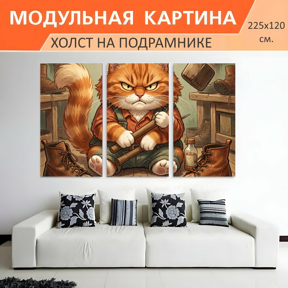 Модульная картина на холсте "Сердитый рыжий кот-мастер в мастерской. Антропоморфный пушистый зверь с суровым взглядом сидит среди." триптих на подрамнике 225х120 см. для интерьера
