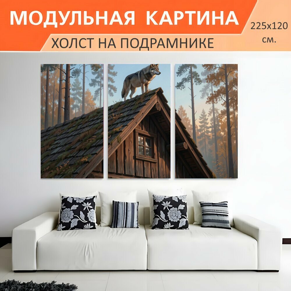 Модульная картина на холсте "Волк на крыше лесной избушки. Реалистичная лесная сцена: хищник стоит на кровле старого деревянного дома." триптих на подрамнике 225х120 см. для интерьера