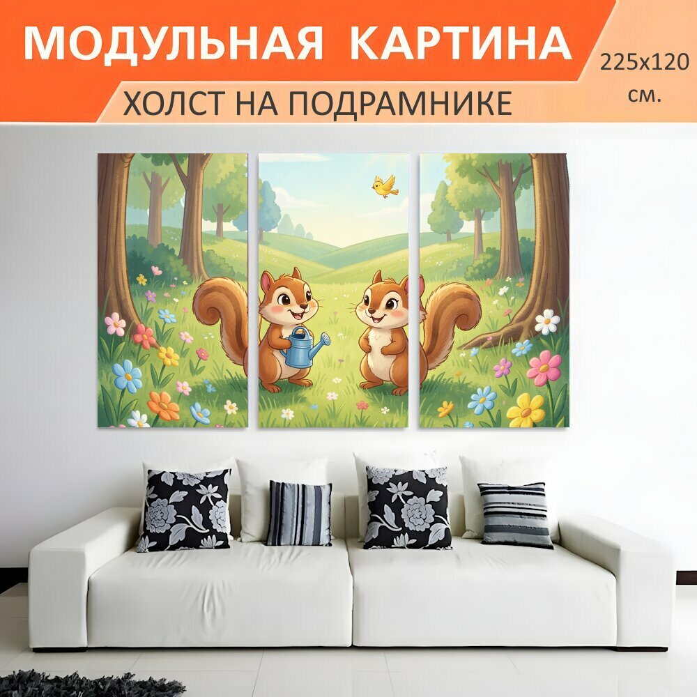 Модульная картина на холсте "Белки в солнечном лесу. Милые зверьки в сказочной поляне среди высоких деревьев и разноцветных цветов." триптих на подрамнике 225х120 см. для интерьера