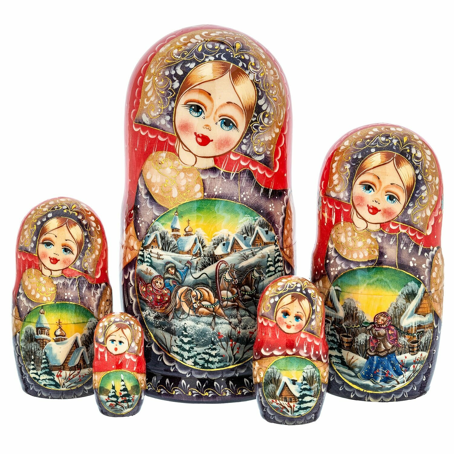 203120 Матрешка "тройка. Зима", красн платок, 5 мест 18 см