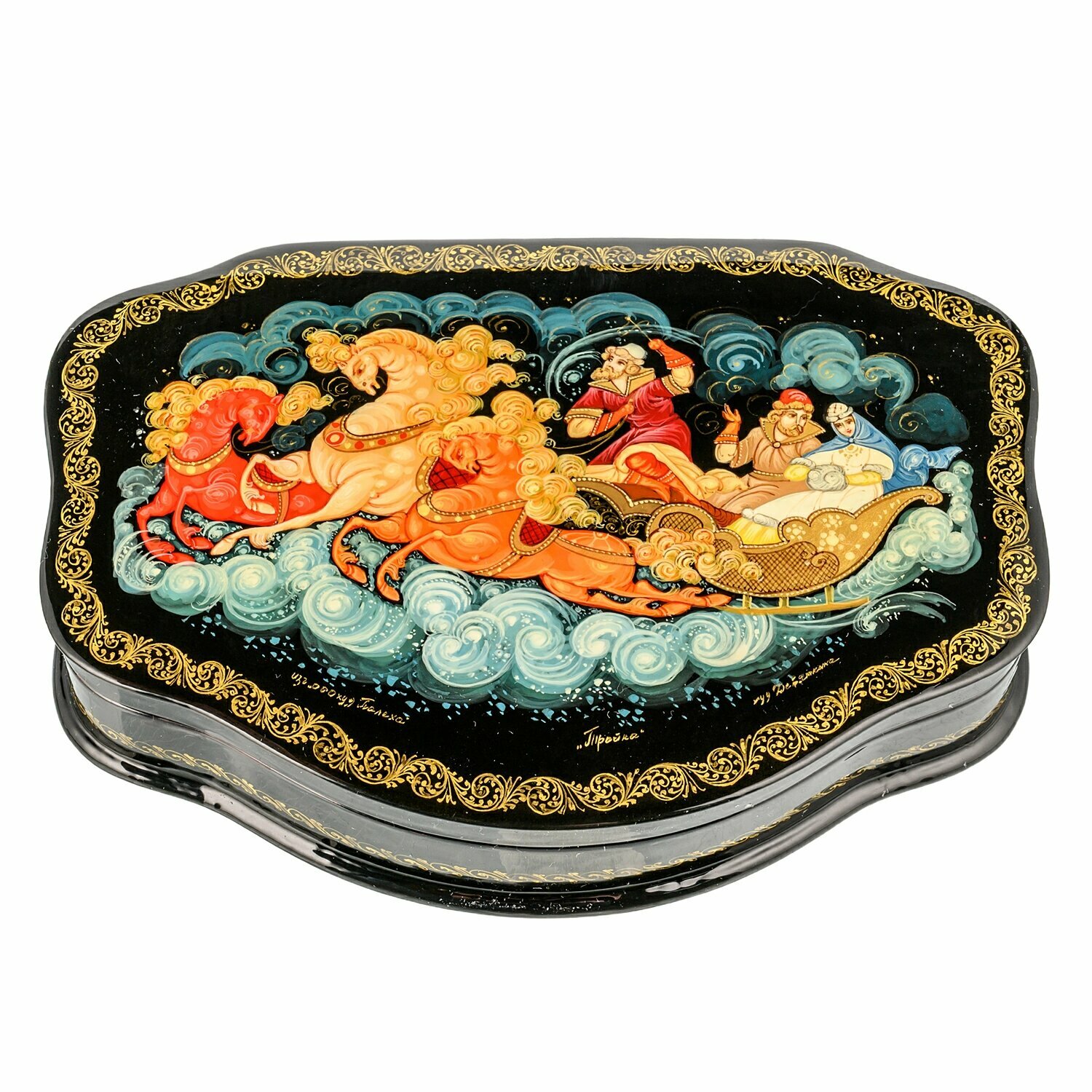 206197/16*11см Лаковая миниатюра Палех Шкатулка "Тройка" Девяткина