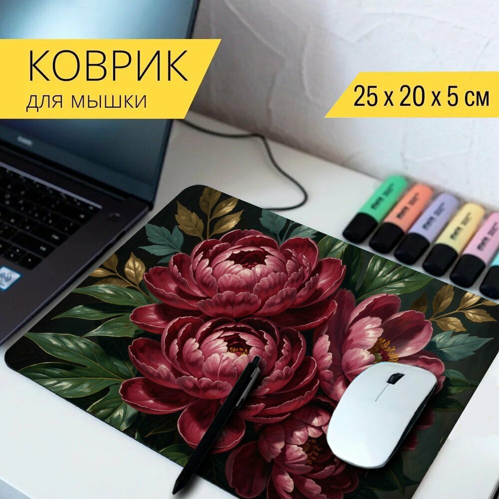 Коврик для мыши с принтом "Бордовые пионы с листвой. Изящная цветочная композиция с крупными махровыми бутонами в бордово-розовой гамме, на фоне тёмной глубины и." 25x20см.