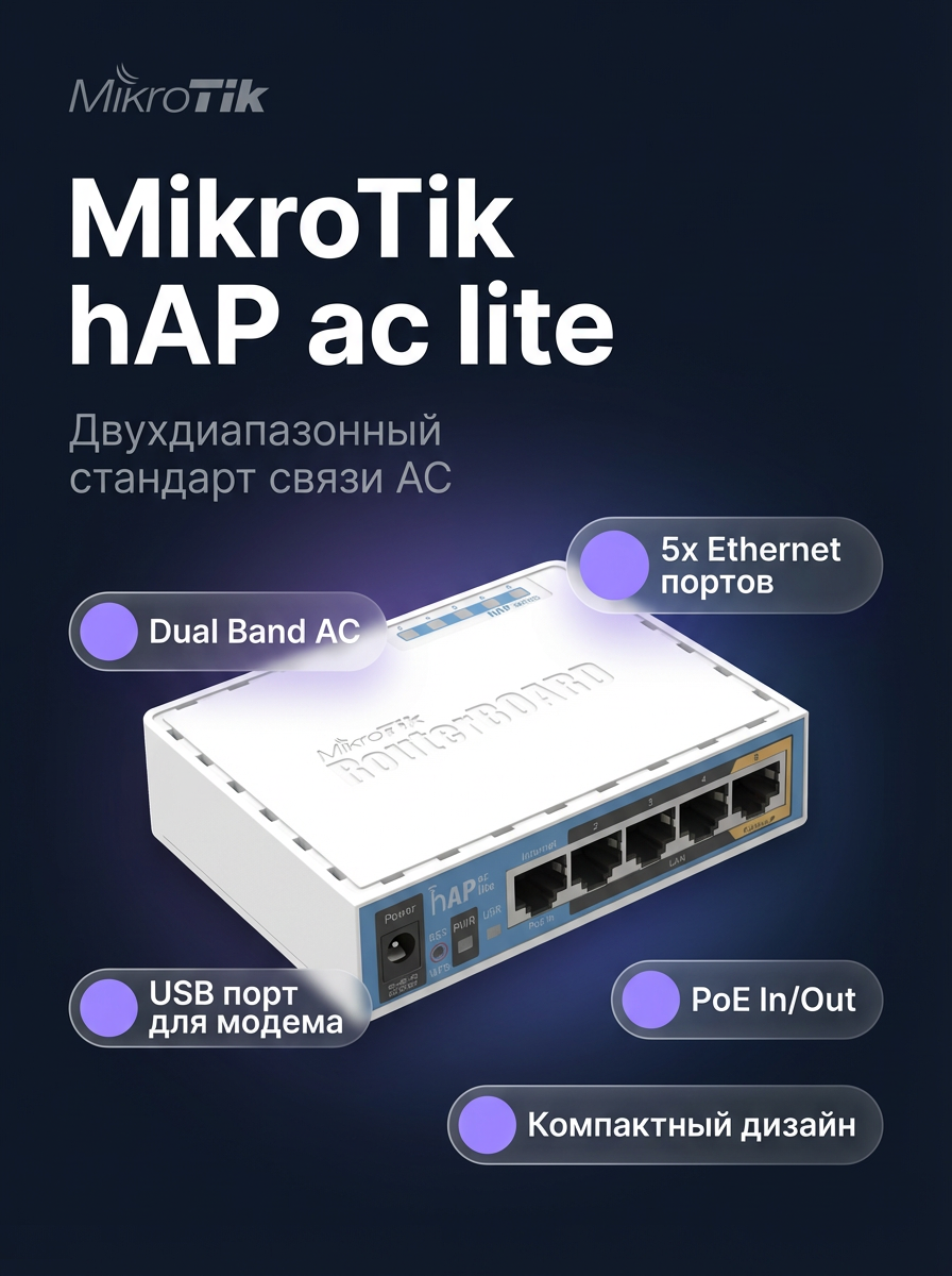 MikroTik hAP ac lite RB952Ui-5ac2nD Wireless Router (4UTP 10/100Mbps, 1WAN, 802.11a/b/g/n/ac, 1xUSB, 1.5dBi)