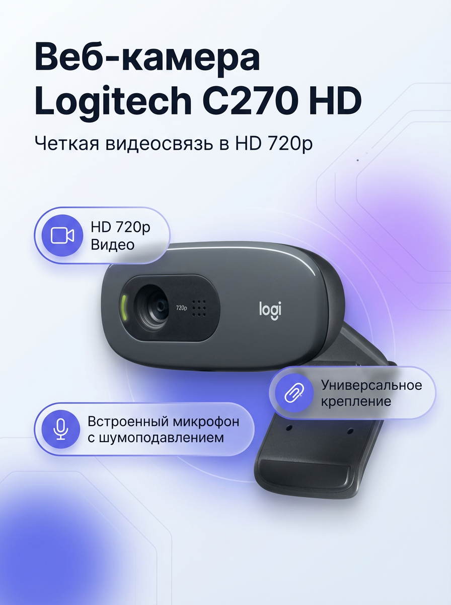 Logitech HD Webcam C270 (RTL) (USB2.0, 1280*720, микрофон) 960-001063/960-000999