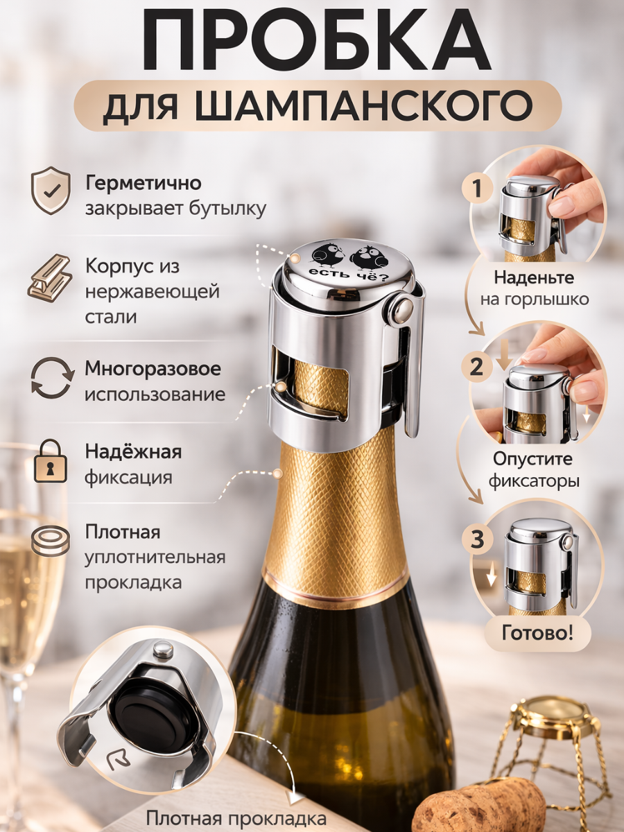 Металлическая пробка для шампанского, многоразовая с гравировкой — фото 1