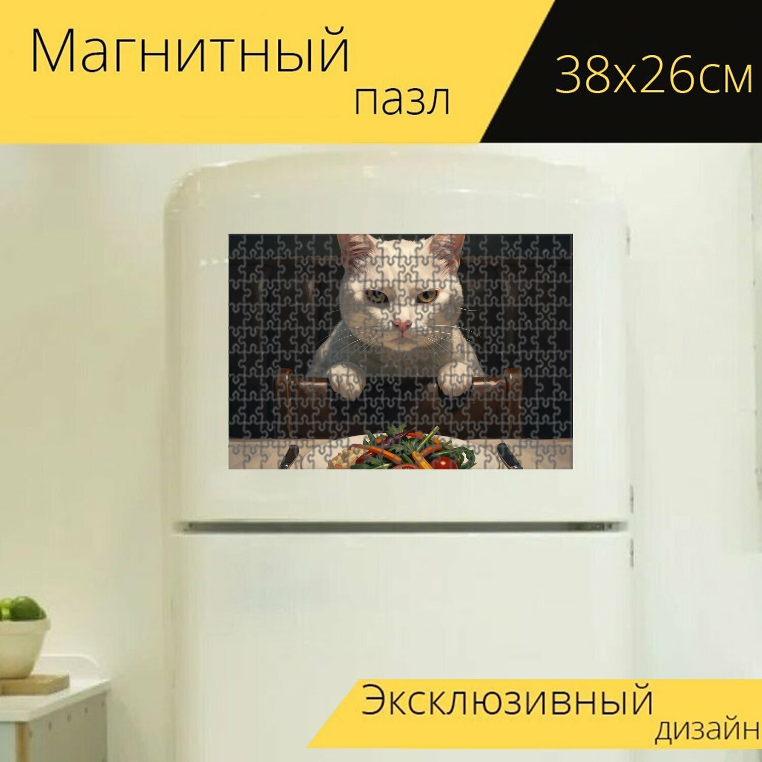 Магнитный пазл "Белый кот у тарелки салата. Реалистичная тёмная сцена с белоснежным питомцем за столом и ярким овощным блюдом. Контрастные тёплые и холодные." для интерьера, 38х26 см.