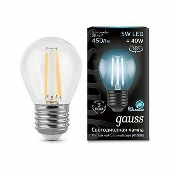 Лампа Gauss Filament Шар 5W 450lm 4100К Е27 LED 105802205 1шт