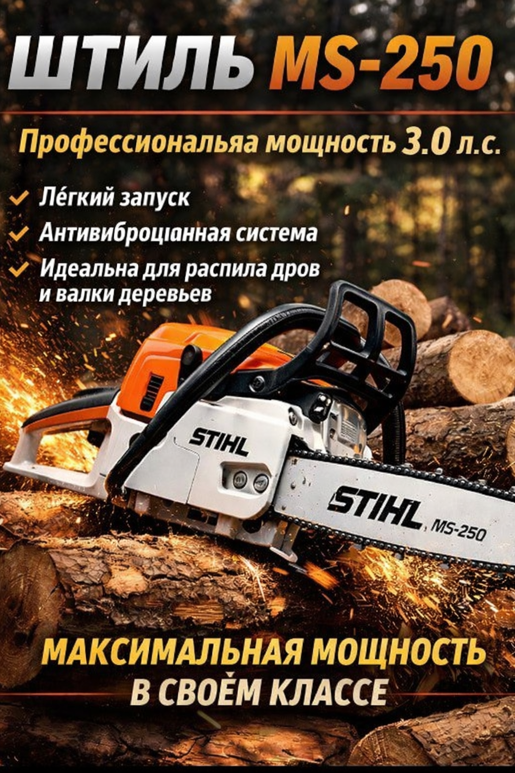 Бензопила STIHL MS 250, шина 40 см, 3.1 л. с, арт 11230123044
