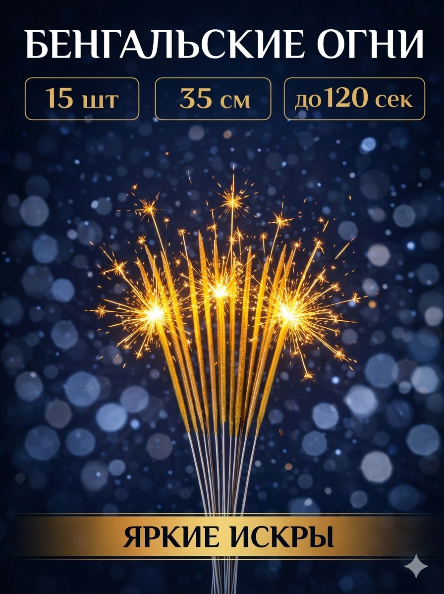 Бенгальский огонь декорированный золотом длина 35 см 120 сек