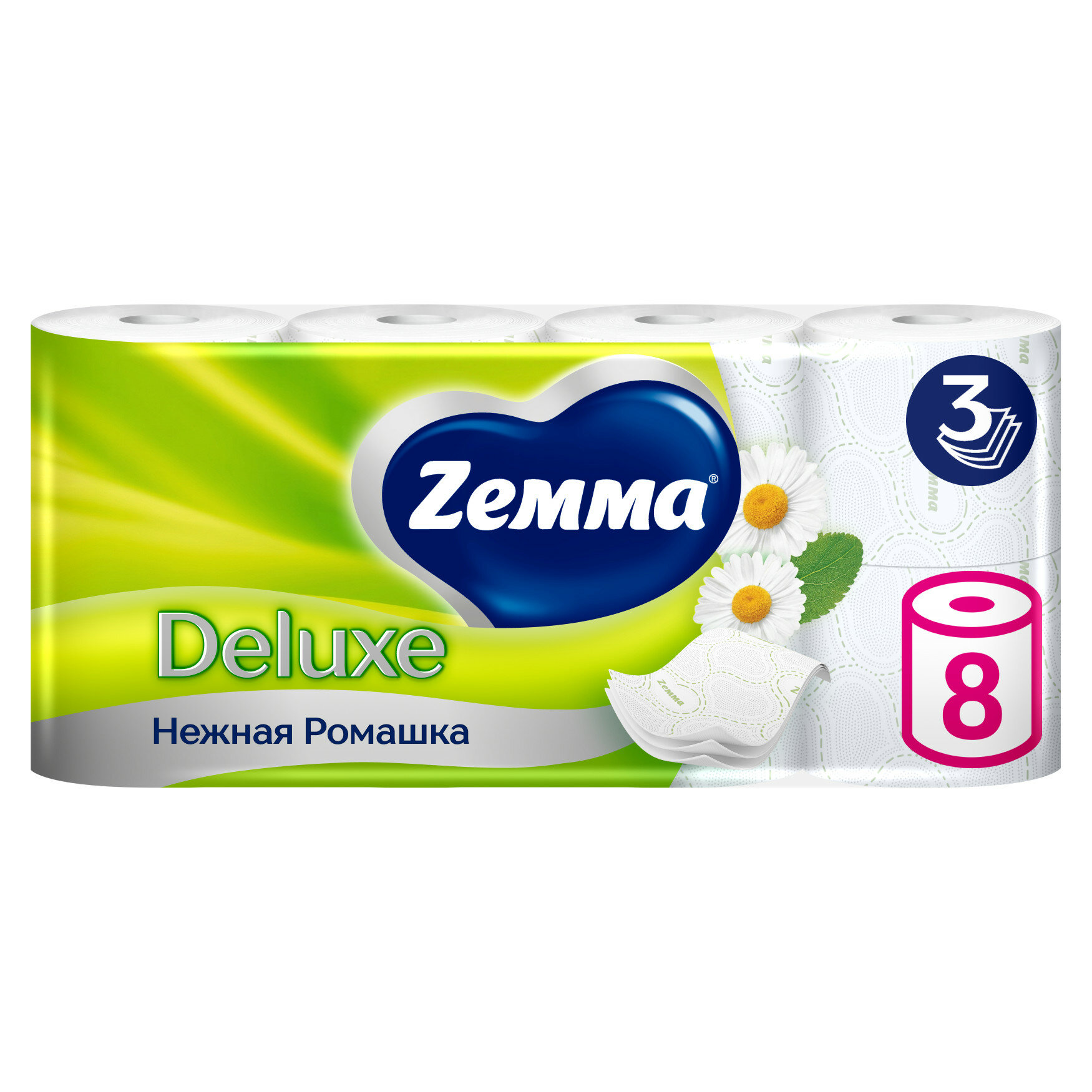 Туалетная бумага Zemma Deluxe Нежная Ромашка, 3 слоя, 8 рулонов