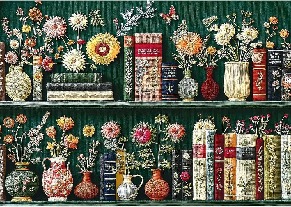 Деревянные пазлы 1000 элементов, подарочная упаковка,50x75cm, Стильные цветочные и винтажные книжные полки, подарочный набор для взрослых, продвинутый уровень сборки 5-10.