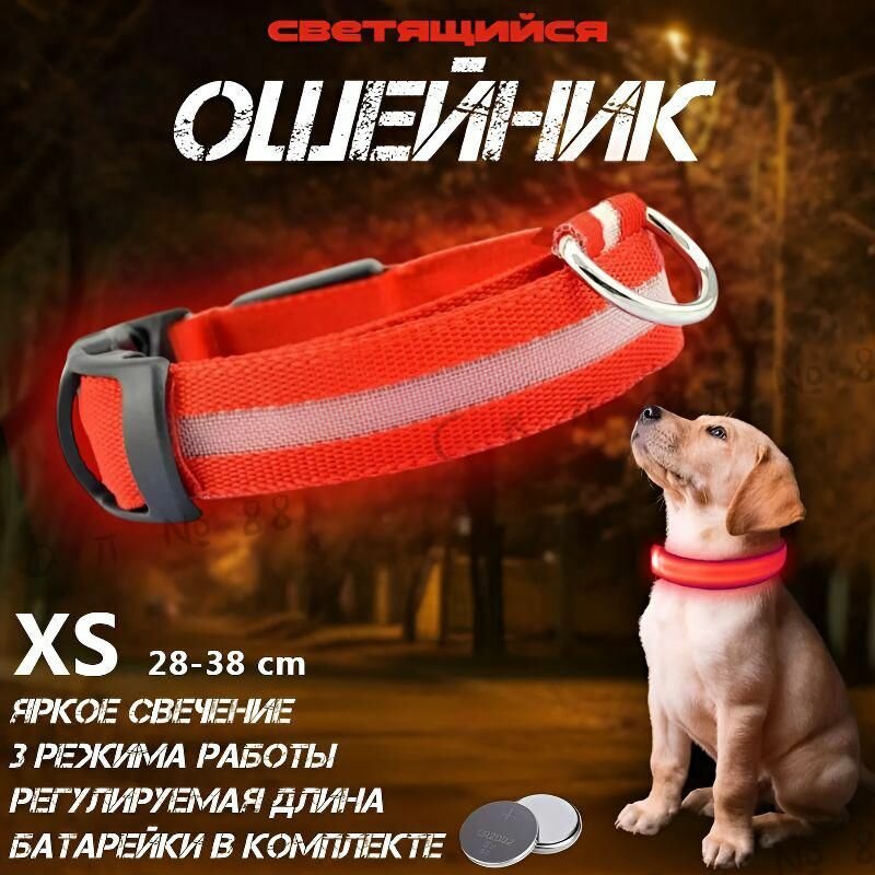 Ошейник светящийся для собак и кошек светодиодный нейлоновый красного цвета, размер XS