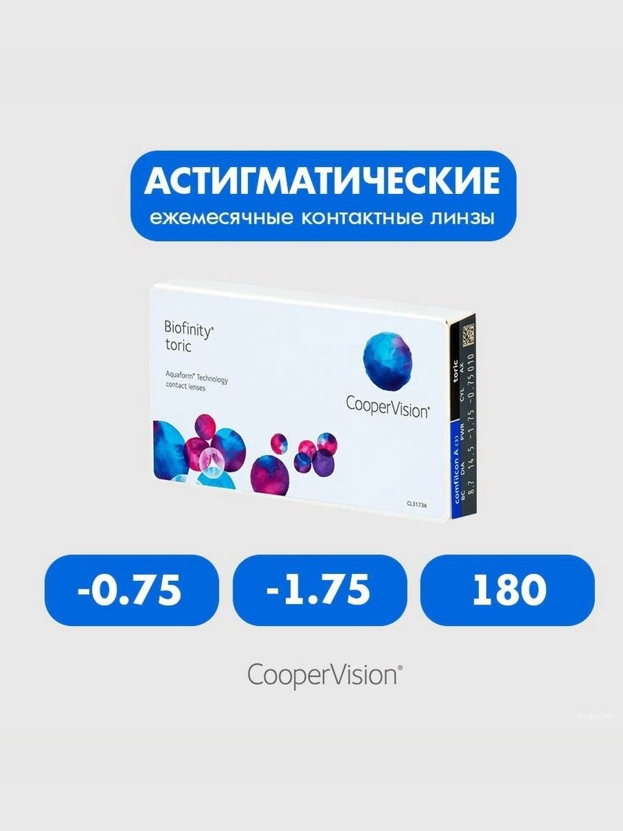 Biofinity Toric (3 линзы) -0.75 -1.75 180 Линзы контактные мягкие плановой замены