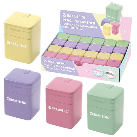 24 шт. Точилка кросс-серия "PASTEL", с контейнером, корпус ассорти, BRAUBERG, 273255