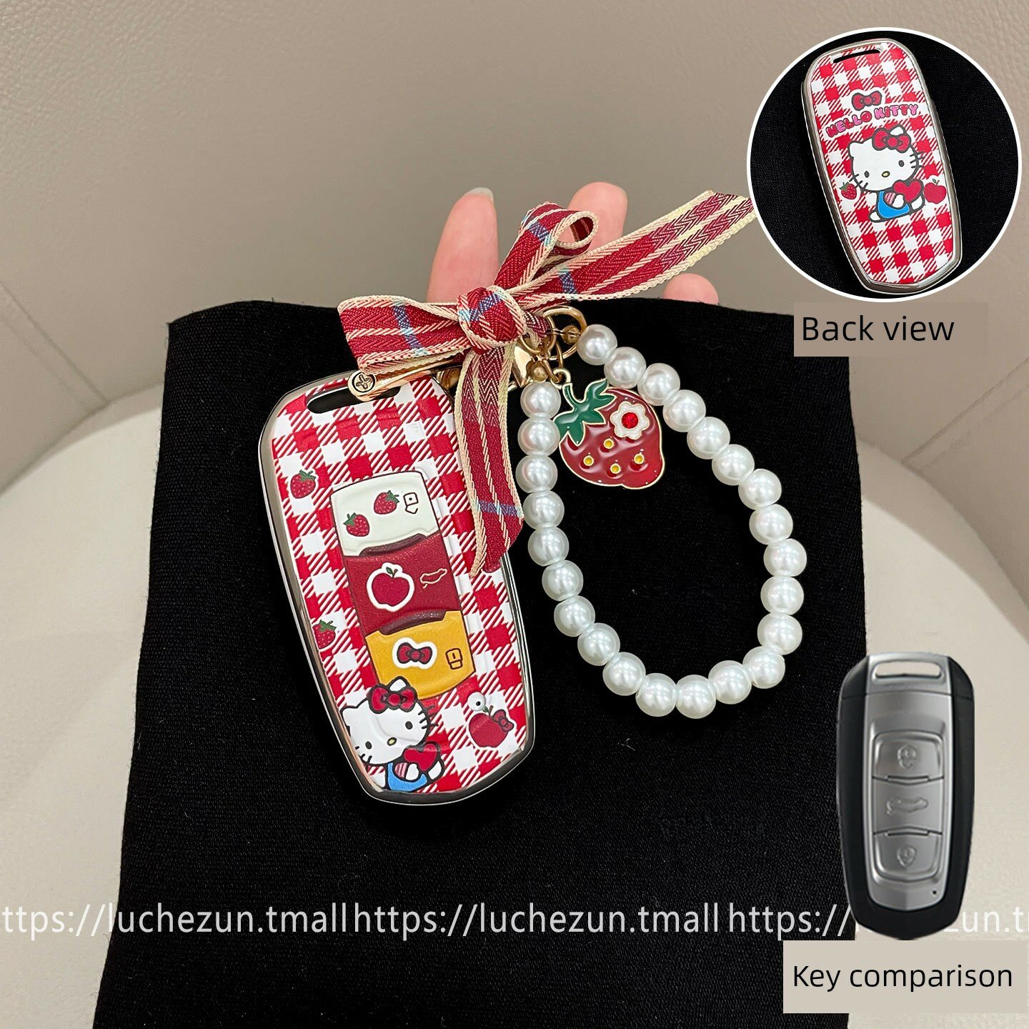 Ключевой брелок с Hello Kitty, сердечком и клубничной лентой для Geely, привлекательный и универсальный аксессуар