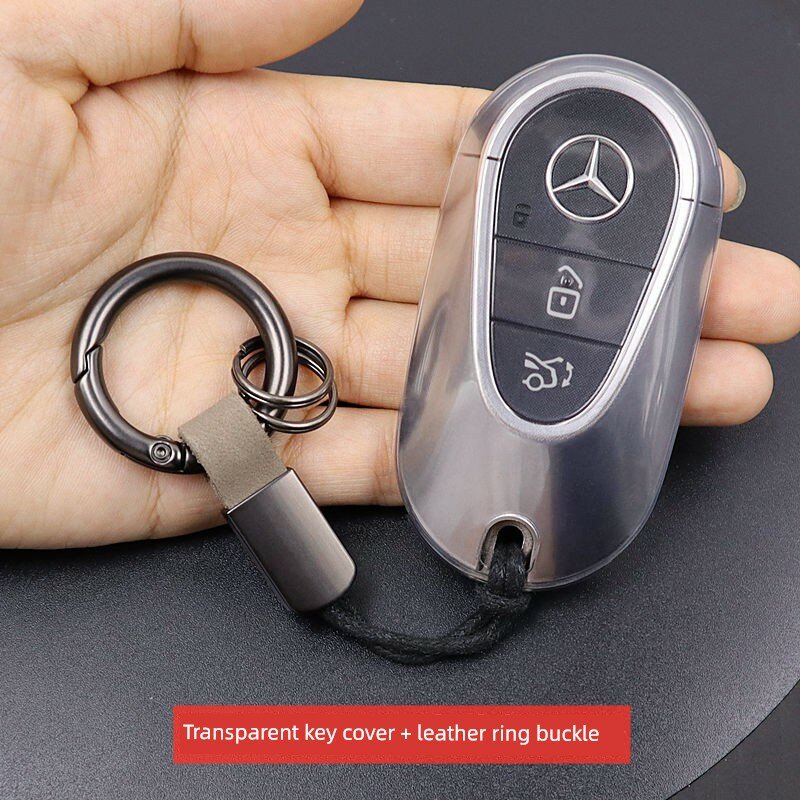 Чехол для ключа Mercedes E-Class 2024-2026 прозрачный с кожаным кольцом, аксессуар для ключа автомобиля