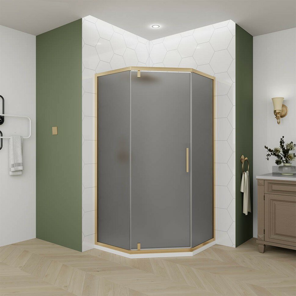 Душевой угол Veconi Ottimo P10 G, 1000x1000x1900, золото брашинг, стекло тонированное матовое
