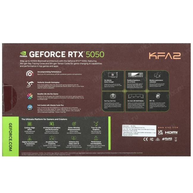 55NSL8MHDCHK KFA2 RTX 5050 CORE OC 2FAN LED Black [PCIe 5.0, GPU 2317 МГц,8 ГБ GDDR6,128 бит,2 x,2 x ]