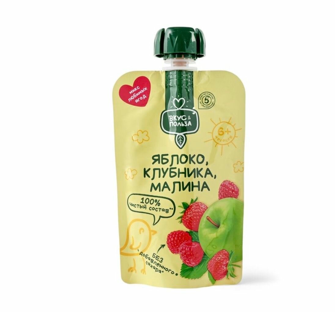 Пюре вкус & польза из яблок, клубники и малины, гомогенизированное, стерилизованное , 90 г * 4 шт.