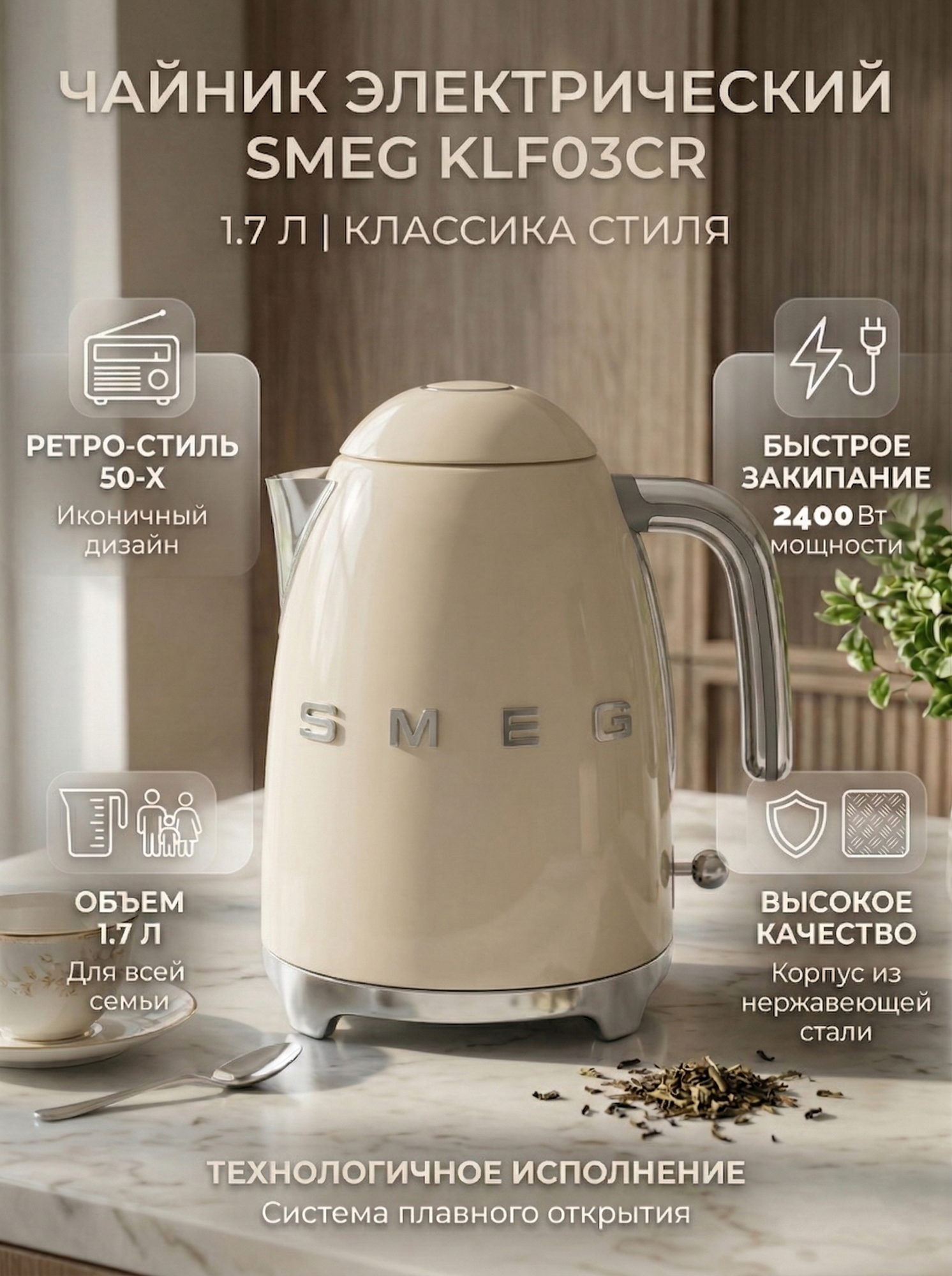 Чайник Smeg KLF03CREU, кремовый, 1.7л, мощность 2400Вт, двухслойный