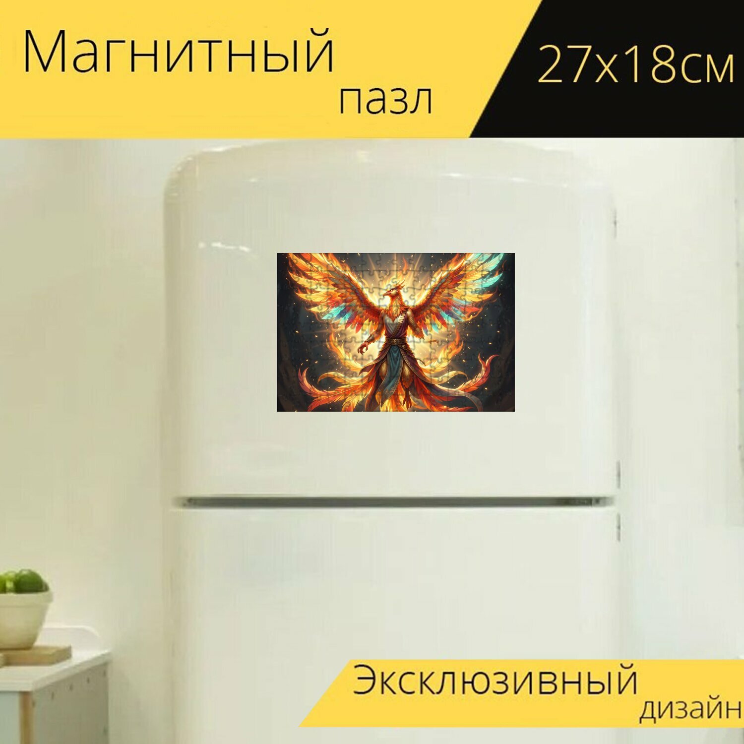 Магнитный пазл "Огненный феникс с расправленными крыльями. Мифическая птица в сиянии пламени, с яркими крыльями в оттенках золота, оранжевого и." на холодильник 27 x 18 см.