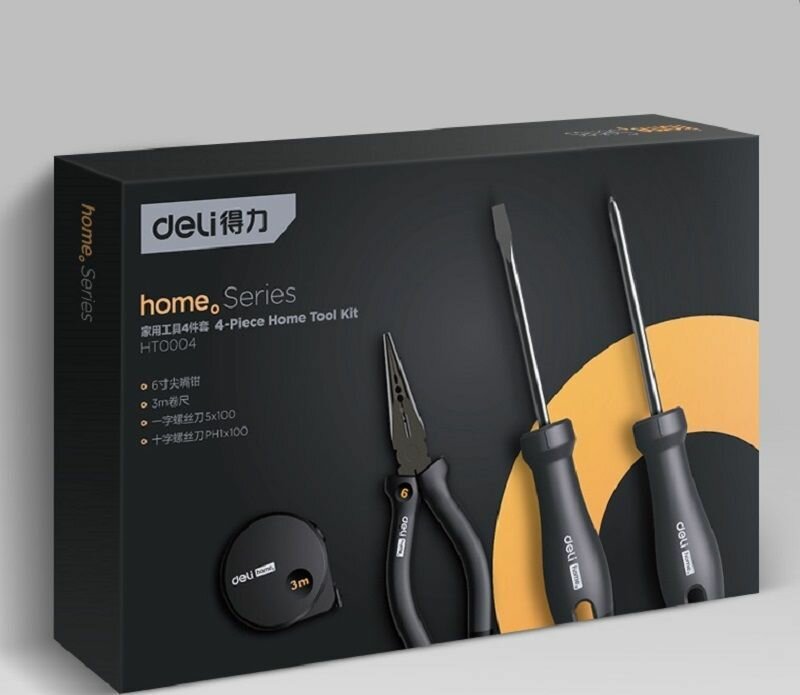 Набор ручного инструмента Deli "Home Series Black" HT0004 Эксклюзивный дизайн, софттач пластик, подарочная упаковка