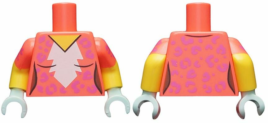 Деталь Lego 973pb3433c01 Torso Female White Blaze, Medium Lavender Rosettes Pattern / Yellow Arms with Coral Short Sleeves, Medium Lavender Rosettes Pattern / Light Aqua Hands