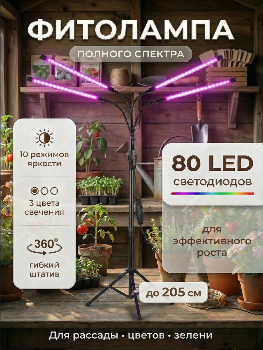 Ультрафиолетовая лампа для растений Фитолампа полный спектр для рассады и цветов 4 лампы