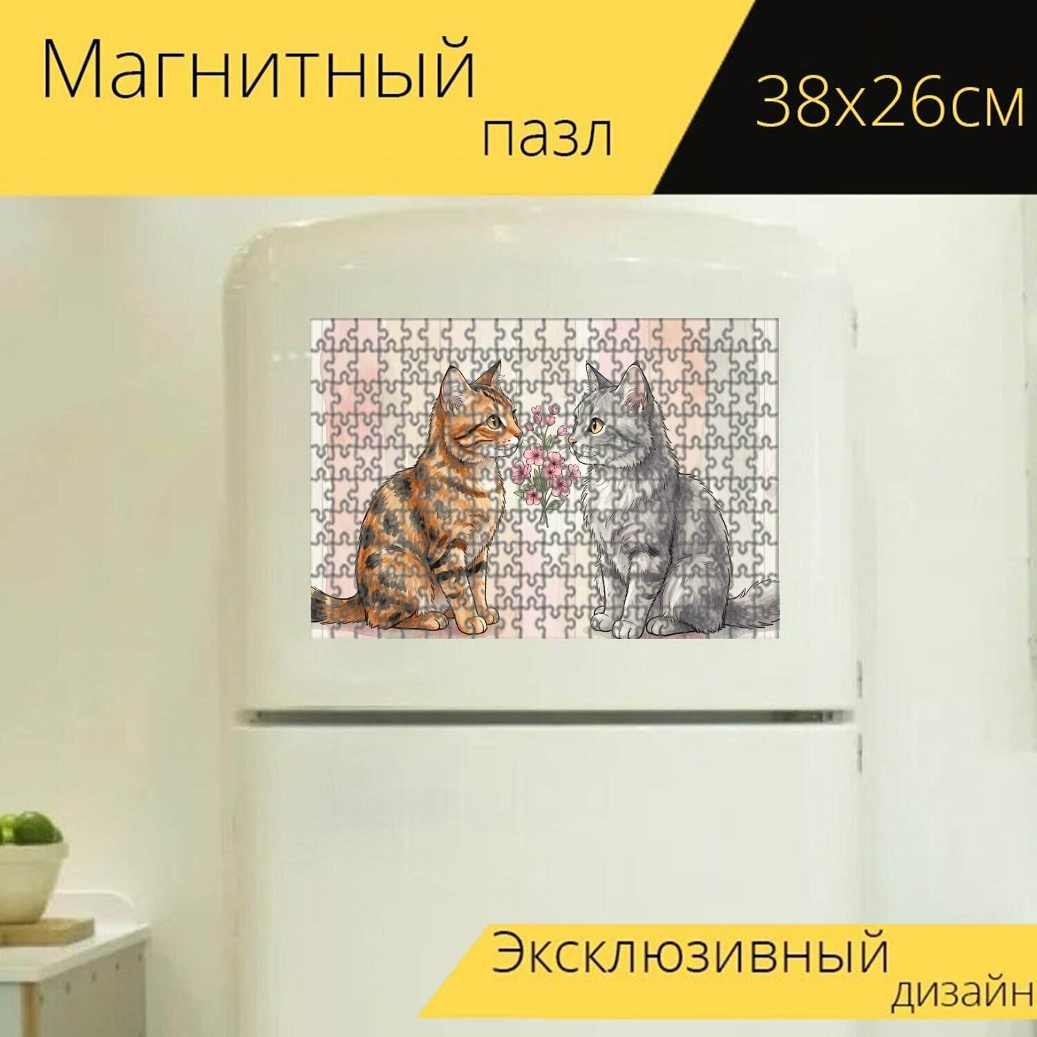 Магнитный пазл "Два кота с цветами. Милый акварельный сюжет: рыжий полосатый и серый пушистый коты смотрят друг на друга через букет розовых цветов. Нежные." для интерьера, 38х26 см.