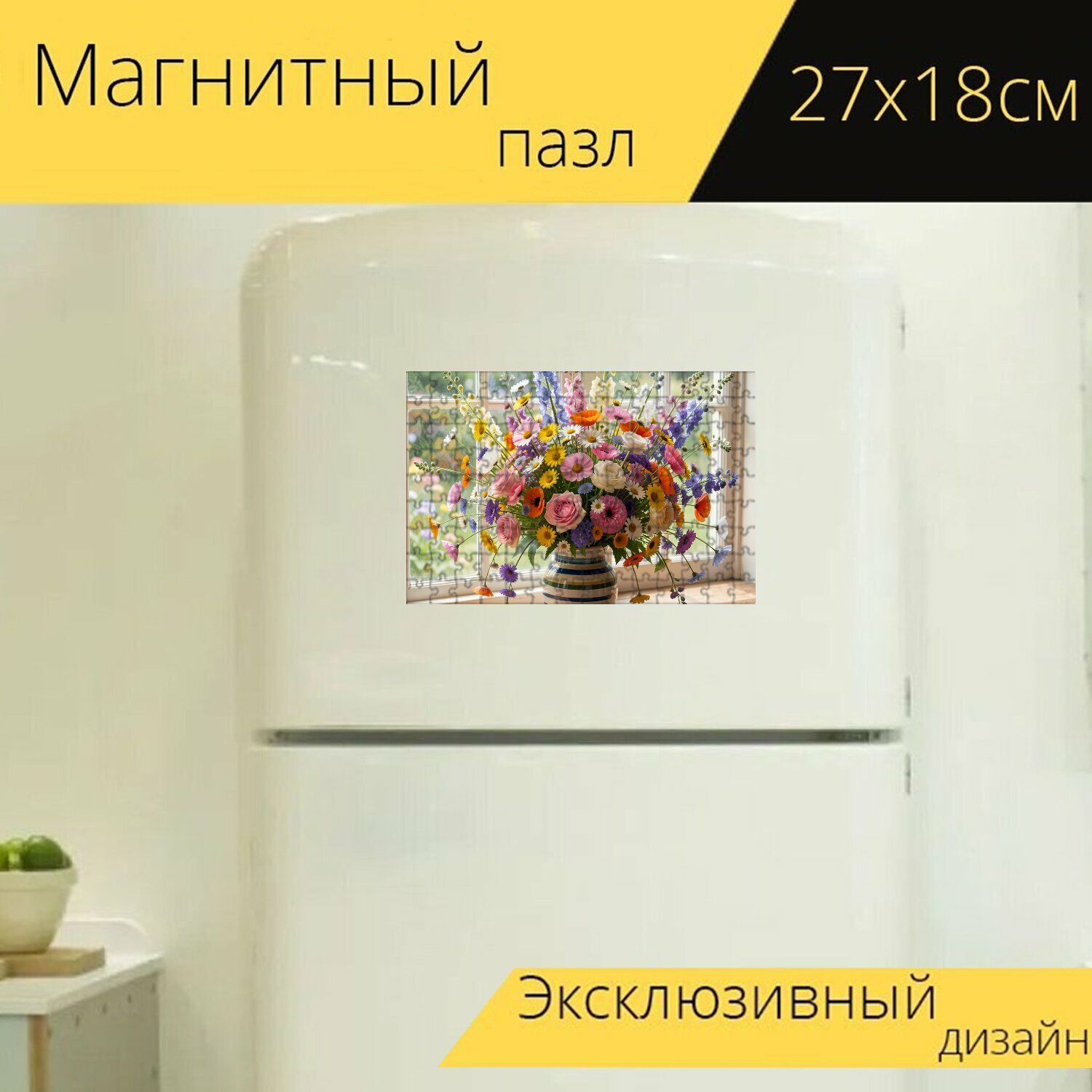 Магнитный пазл "Яркий букет полевых цветов. Пышная цветочная композиция в стеклянной вазе на подоконнике у окна: розовые, желтые, лиловые и белые." на холодильник 27 x 18 см.