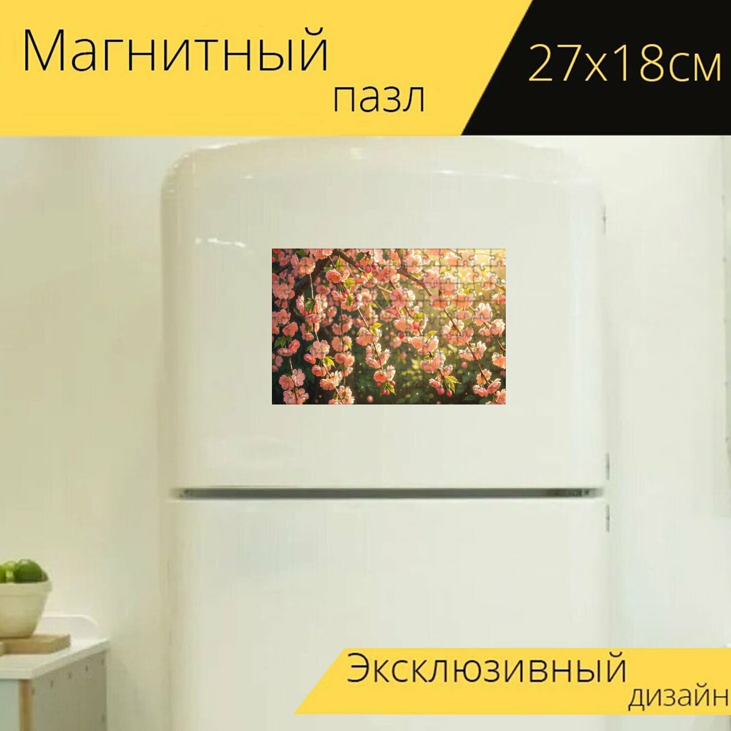 Магнитный пазл "Цветущие ветви сакуры на солнце. Нежные розовые соцветия на свисающих ветвях, сочная зелень и теплые солнечные лучи создают весеннюю." на холодильник 27 x 18 см.