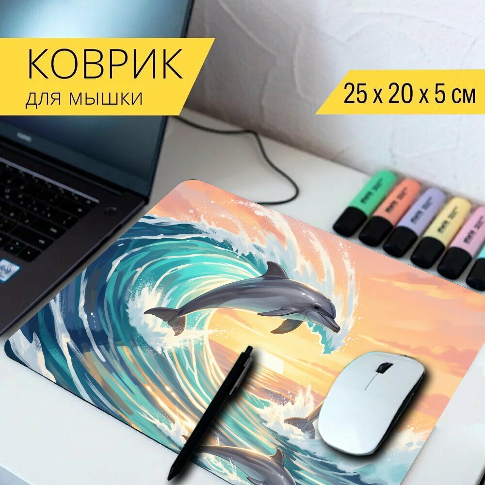 Коврик для мыши с принтом "Дельфины в океанской волне. Летящие дельфины на фоне гигантского морского гребня и закатного неба, яркая цифровая иллюстрация в." 25x20см.