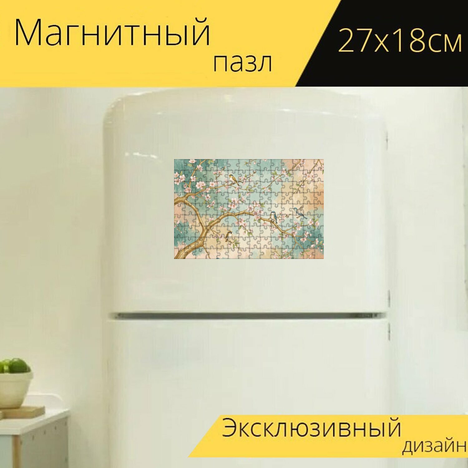 Магнитный пазл "Весенние ветви с птицами. Нежная декоративная композиция с цветущими ветвями, маленькими певчими птичками и мягким пастельным фоном." на холодильник 27 x 18 см.