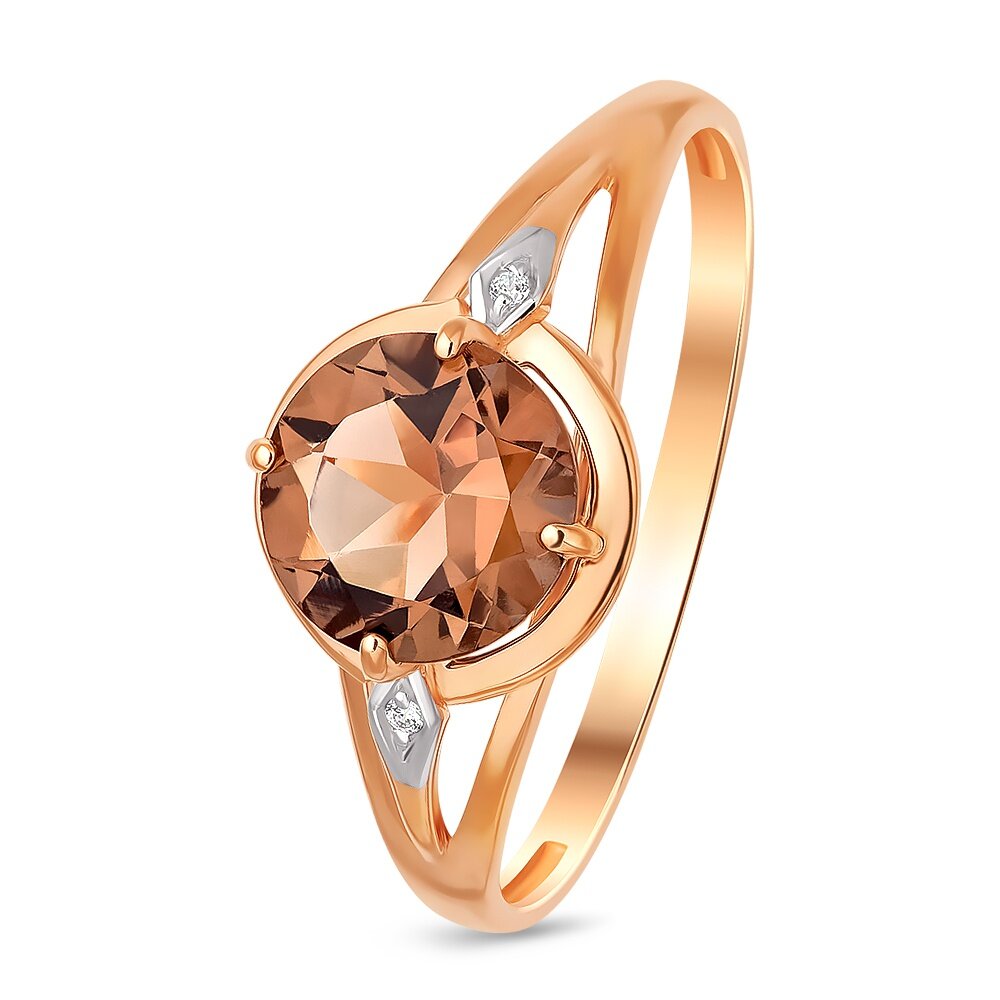 Кольцо, красное золото, 585 проба, родирование, раухтопаз, фианит