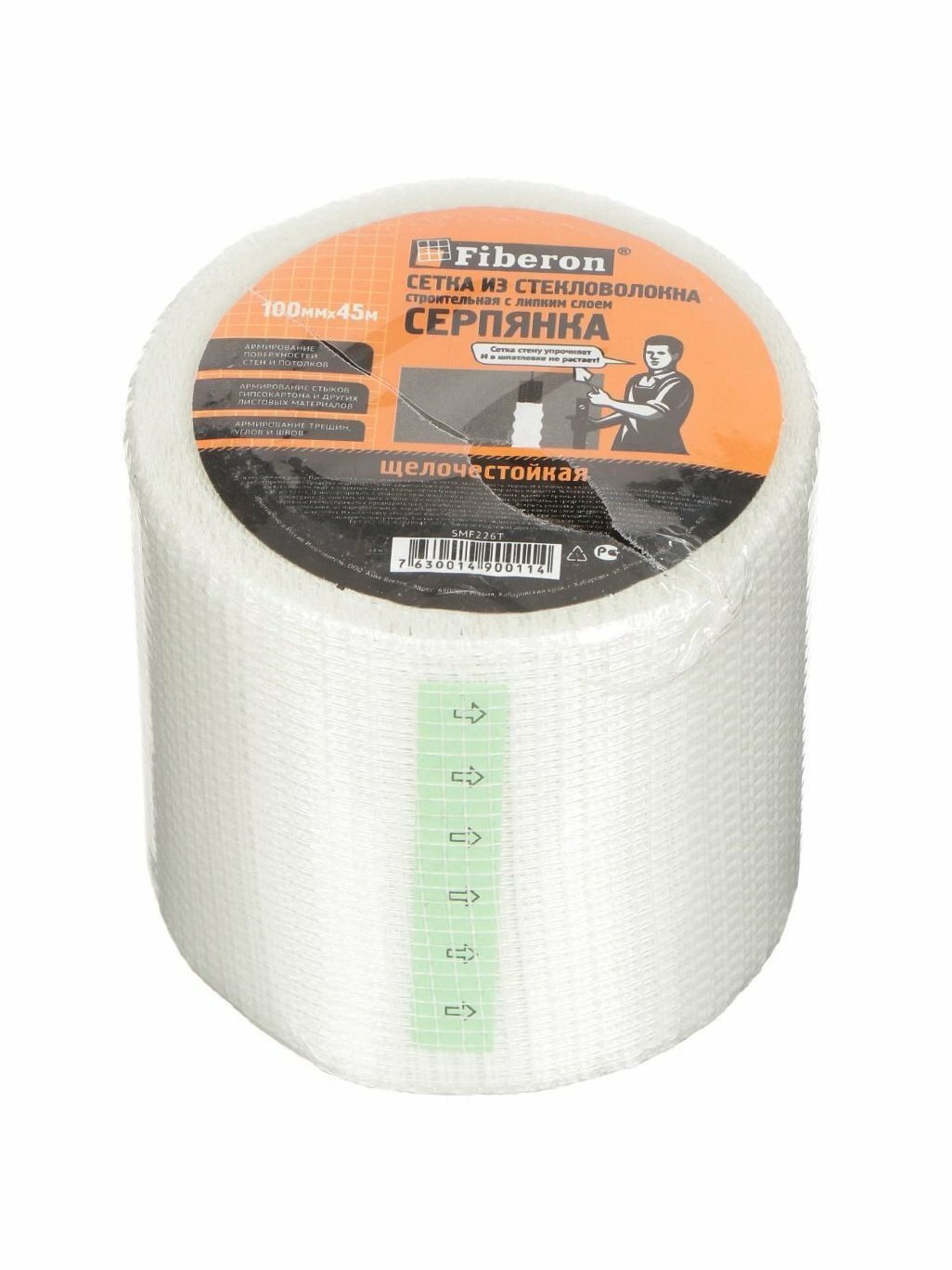 Серпянка Fiberon 100 мм х 45 м, самоклеющаяся лента из стекловолокна для армирования швов и трещин, белая, SМF226Т