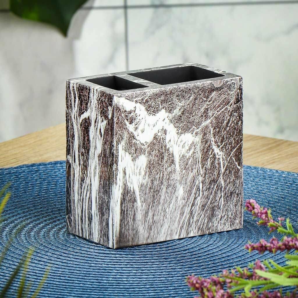 Стакан для зубных щеток Мрамор Престиж, черный прямоугольный аксессуар для ванной комнаты из полистоуна, 10.5х5.7х10 см
