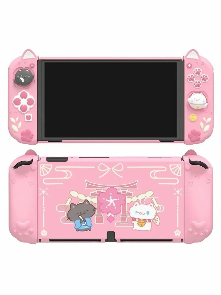 PlayVital чехол для Nintendo Switch OLED Cherry Blossoms Kitten, защитный жёсткий корпус с подставкой, силиконовые грипсы и накладки на стики, противоударный, dockable, розовый