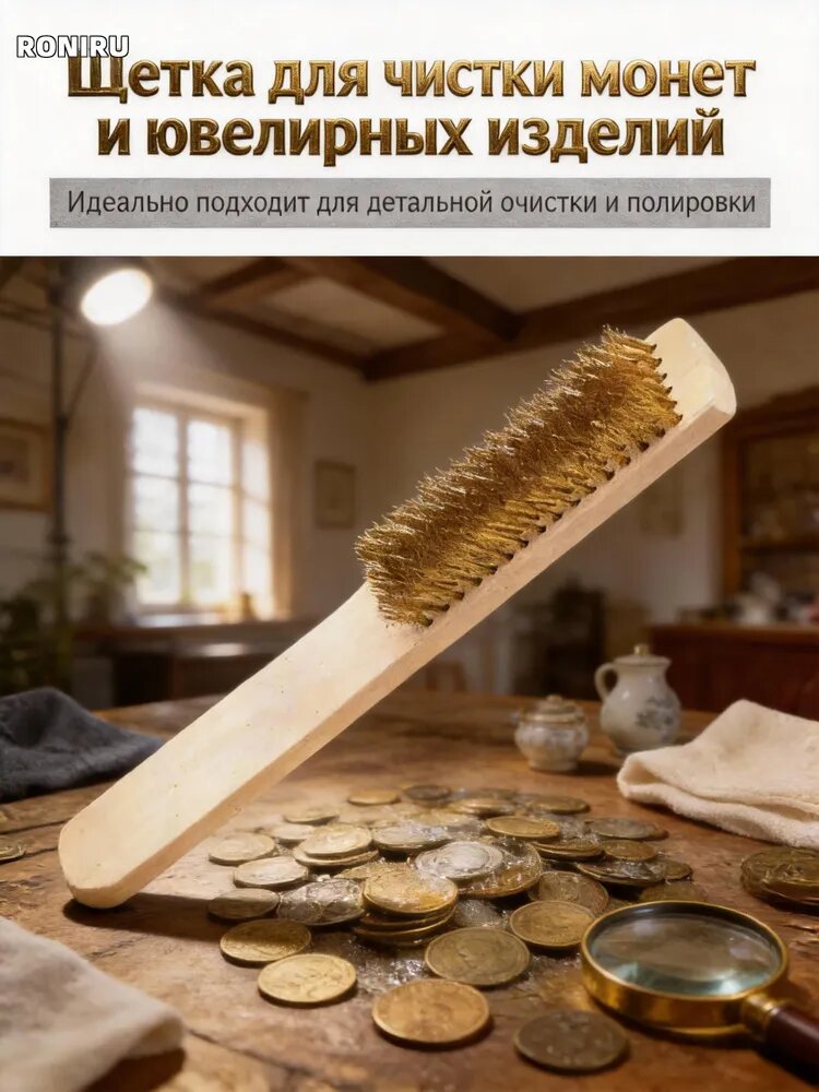 Нумизматическая щетка с латунной щетиной 6 рядов, деревянная ручка бережная чистка монет и ювелирных изделий без царапин и повреждения патины
