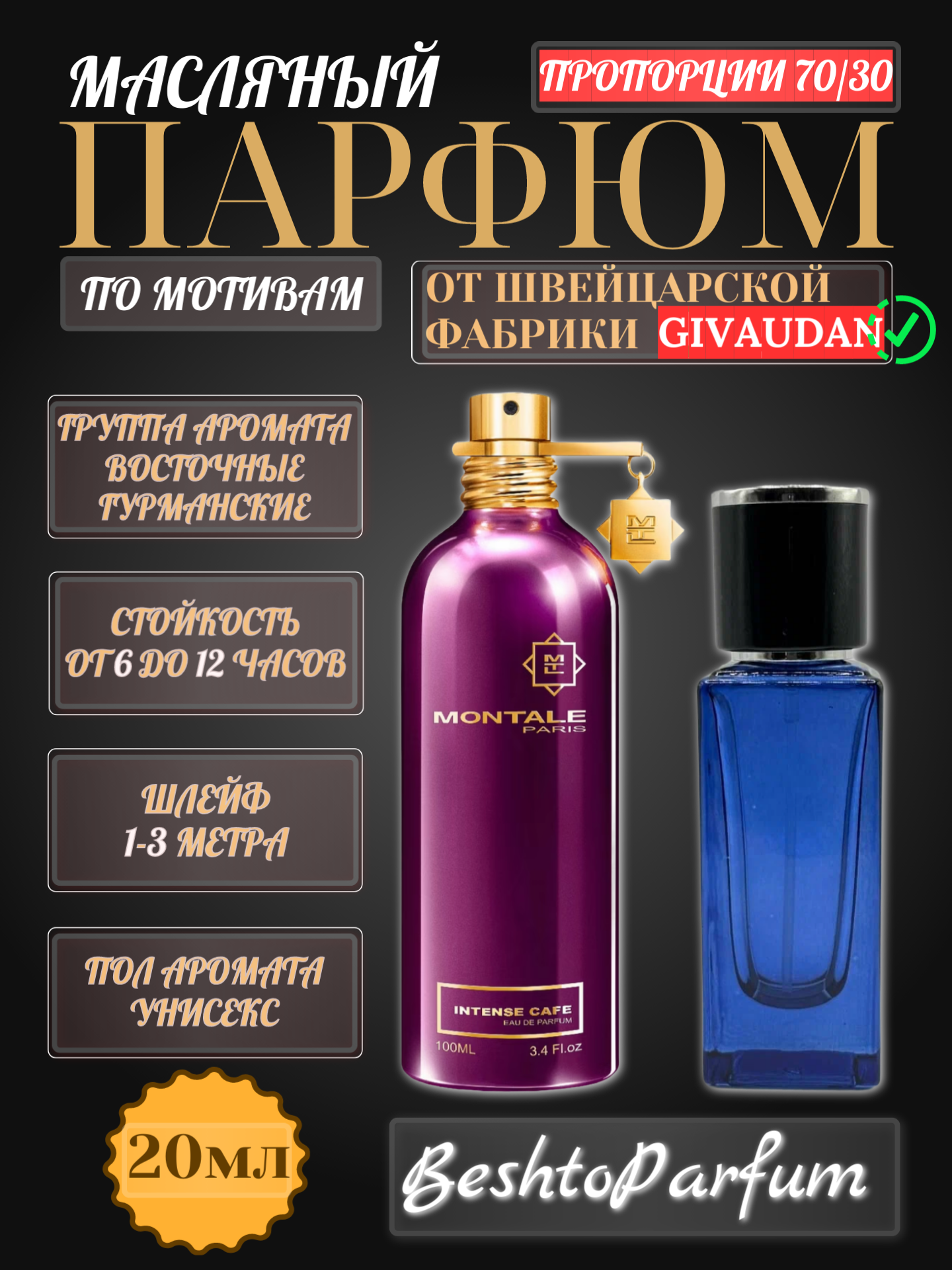 Масляные духи по мотивам Montale Intense Cafe — стойкий сладкий гурманский розово-кофейный аромат унисекс / 20мл