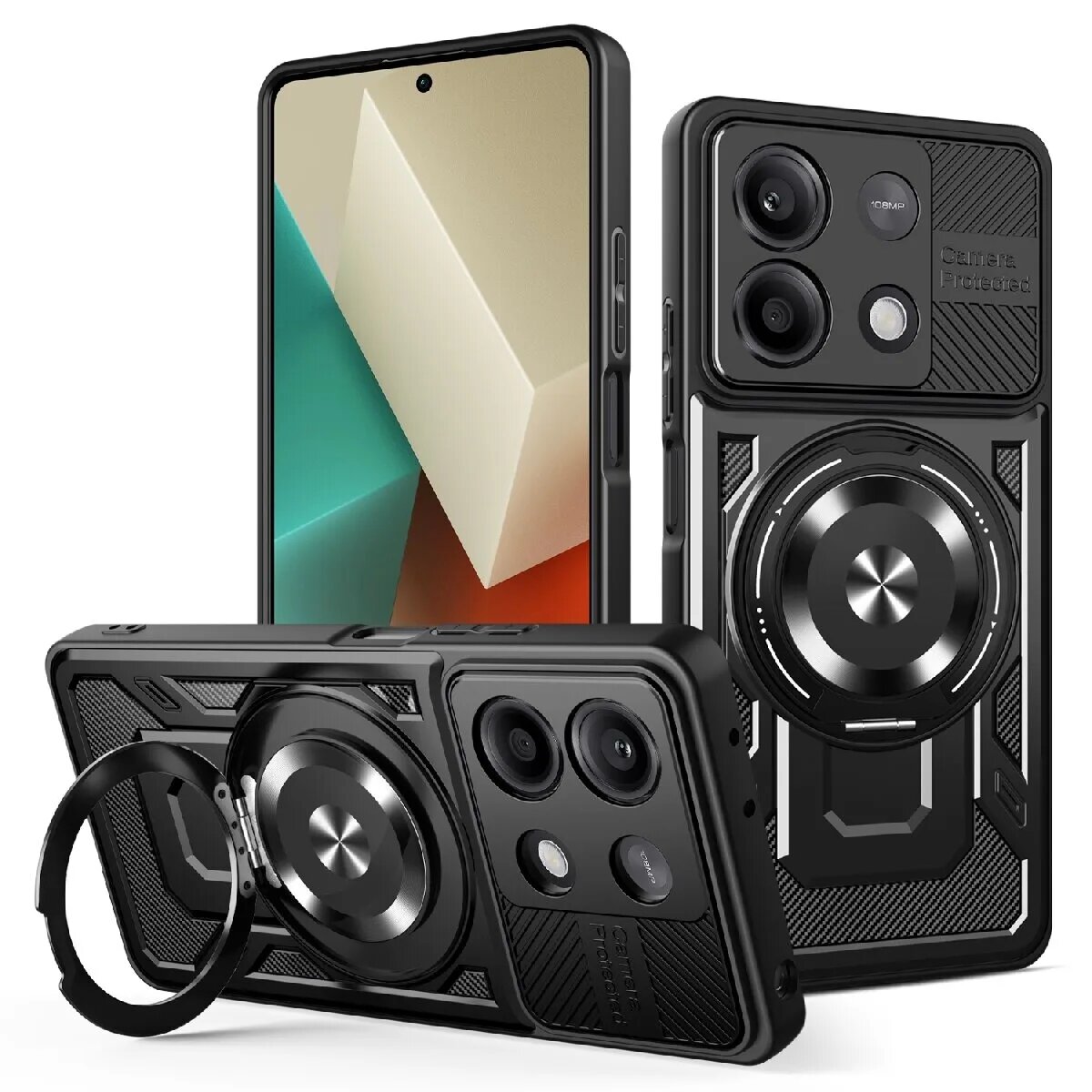 Бронированный чехол для Redmi Poco X7 Pro Note 13 Pro Plus 5G 4G 360 ° Магнитная крышка для беспроводной зарядки с поворотной кольцевой подставкой для Xiaomi 14T Pro