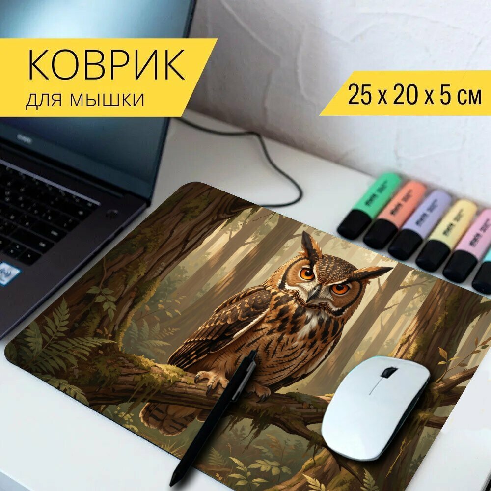 Коврик для мыши с принтом "Филин на ветке в лесу. Величественная ночная хищная птица сидит среди густого туманного бора. Цифровая иллюстрация в теплых коричнево-золотых." 25x20см.
