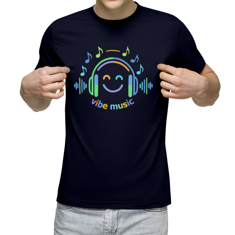 Мужская футболка «Смайл в наушниках, музыка, вайб» (темно-синий, 3XL)