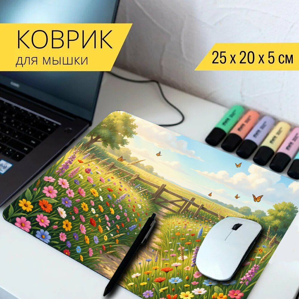 Коврик для мыши с принтом "Летний луг с бабочками. Солнечная деревенская поляна с тропинкой, деревянной калиткой и яркими полевыми цветами. Нежная иллюстрация в пастельных." 25x20см.