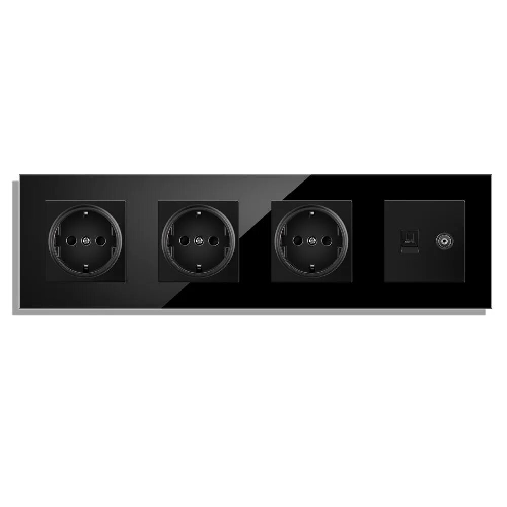 Три обычные розетки и компьютерно-телевизионная розетка (RJ45-Cat.6+TV), на 4 поста, стеклянная рамка 295x82 мм, черная