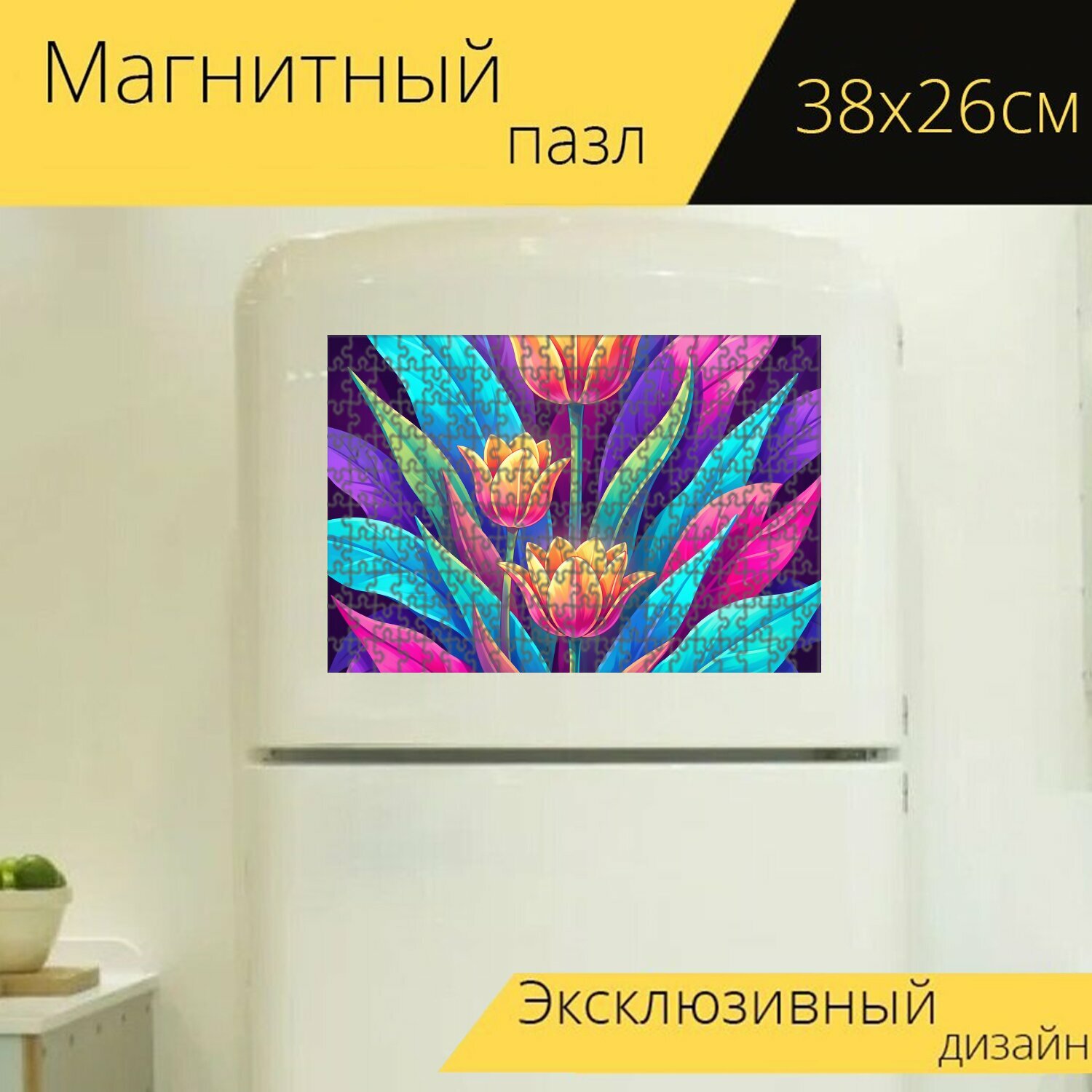 Магнитный пазл "Яркие тюльпаны среди листьев. Неоновая флористическая иллюстрация с тремя бутонами в окружении крупных тропических лепестков. Фиолетовый." для интерьера, 38х26 см.