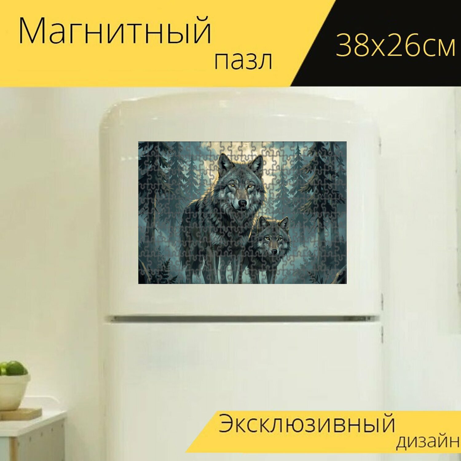 Магнитный пазл "Волки в лунном лесу. Пара серых хищников среди хвойных деревьев на фоне полной луны. Цифровая живопись в холодных сине-зеленых тонах, туман." для интерьера, 38х26 см.